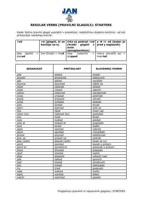REGULAR VERBS (PRAVILNI GLAGOLI): STARTERS