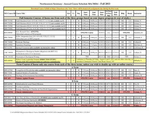 Northeastern Seminary - Annual Course Schedule MA/MDiv - Fall ...