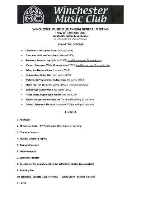 winchester music club annual general meeting agenda