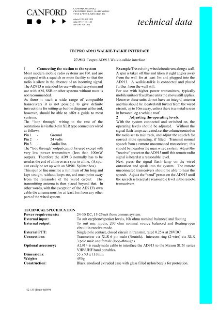 Tecpro AD913 Walkie-Talkie Interface Data Sheet ... - Canford Audio