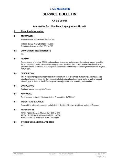 SERVICE BULLETIN - Alpha Aviation