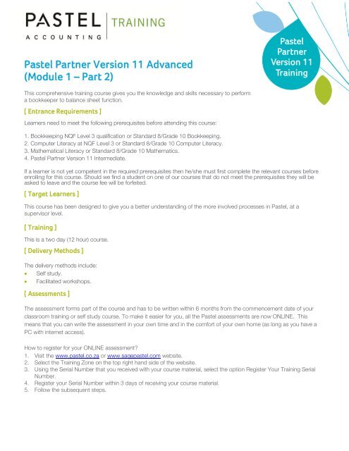 Pastel Partner Version 11 Advanced (Module 1 â Part 2) - Sage Pastel
