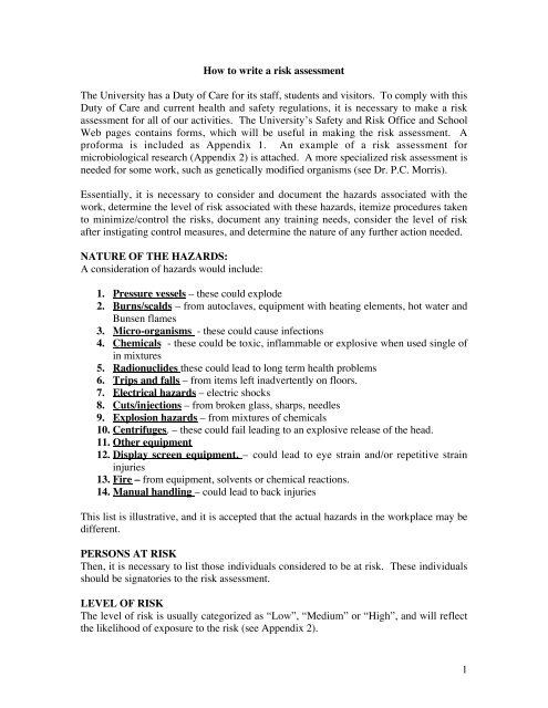 1 How to write a risk assessment The University has a Duty of Care ...