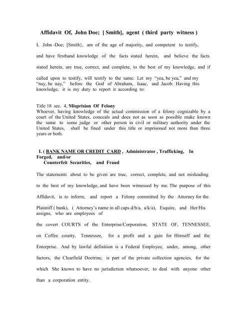 Affidavit Of, John Doe; [ Smith], agent - Private Attorney General