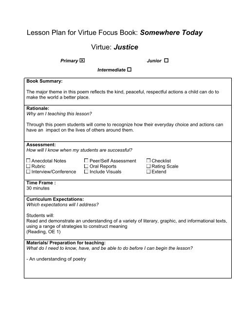 Lesson Plan for Virtue Focus Book: Somewhere Today Virtue: Justice