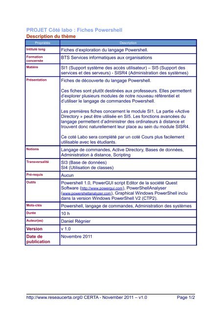 PROJET Côté labo : Fiches Powershell