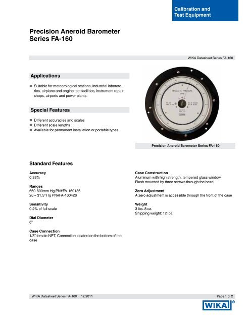 Precision Aneroid Barometer Series FA-160 - WIKA