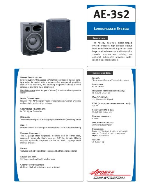 Apogee AE-3s2 Loudspeaker System Spec Sheet - Apogee Sound