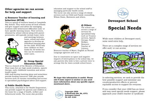 Special needs brochure - Devonport Primary School