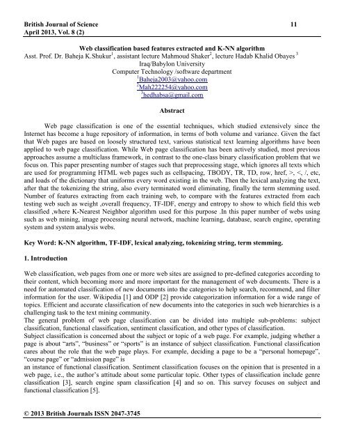 Web Classification Based Features Extracted And K Nn Algorithm
