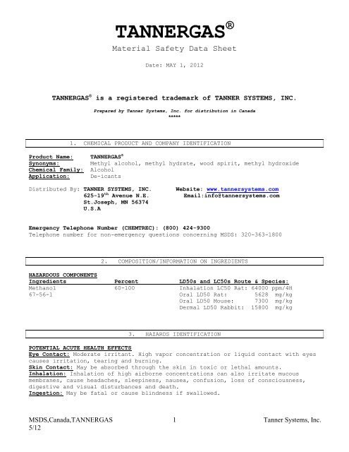 canadian tannergas msds - Tanner Systems, Inc.