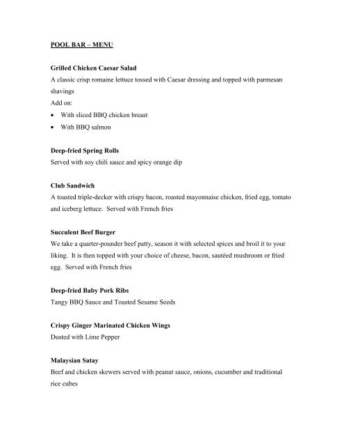 POOL BAR – MENU Grilled Chicken Caesar Salad A classic crisp ...
