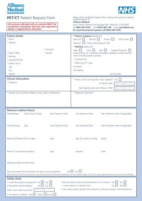 PET/CT Patient Request Form PET/CT Patient Request Form