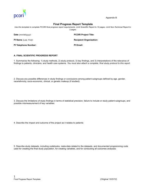 Final Progress Report Template 1 - Patient Centered Outcomes ...