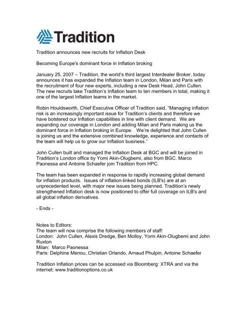Tradition, a leading interdealer broker, today announces the ...