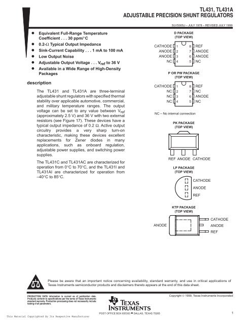 TL431, TL431A ADJUSTABLE PRECISION SHUNT REGULATORS