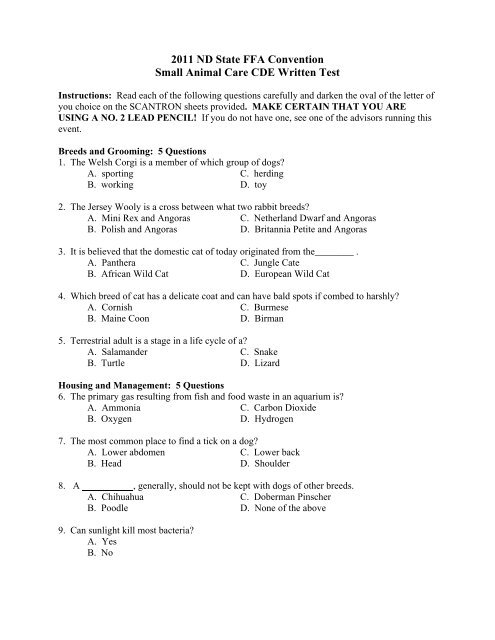 2011 ND State FFA Convention Small Animal Care CDE Written Test