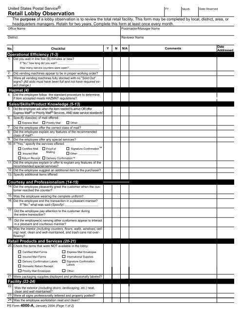 PS Form 4000A, Retail Lobby Observation