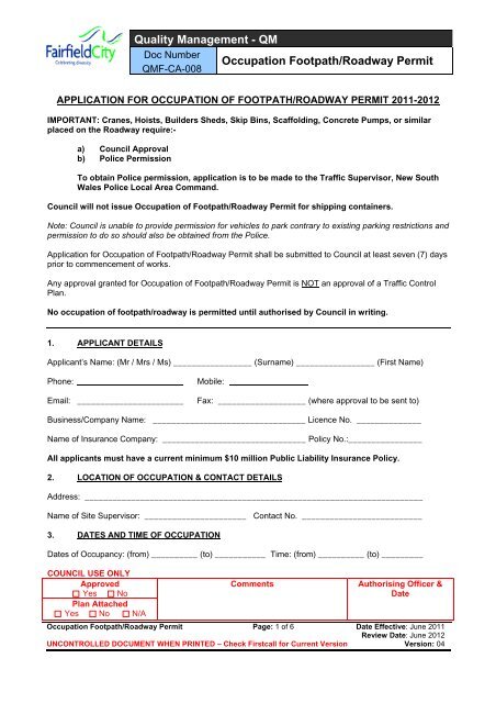 Quality Management - QM Occupation Footpath/Roadway Permit