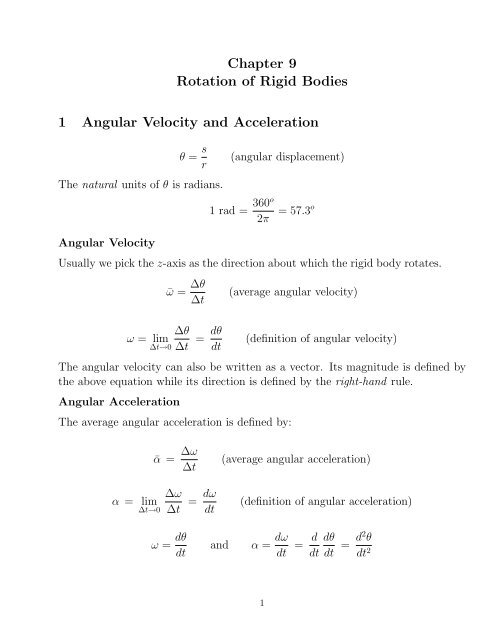 Chapter 9 Rotation Of Rigid Bodies 1 Angular Velocity And