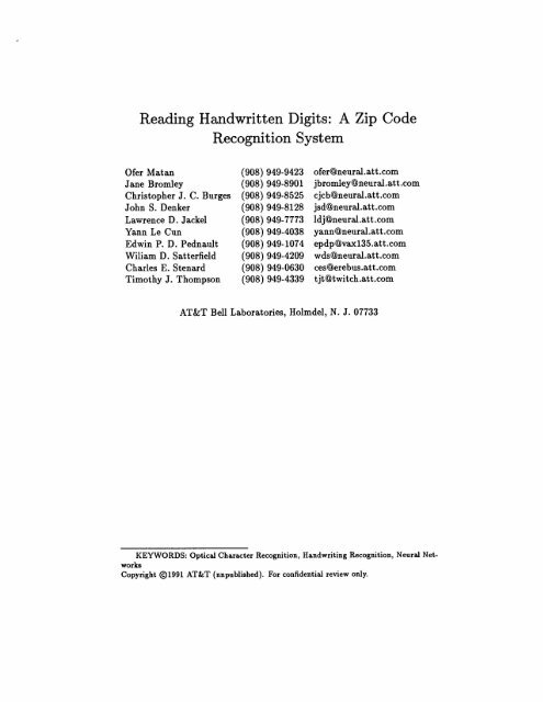 Reading Handwritten Digits A Zip Code Recognition Yann Lecun