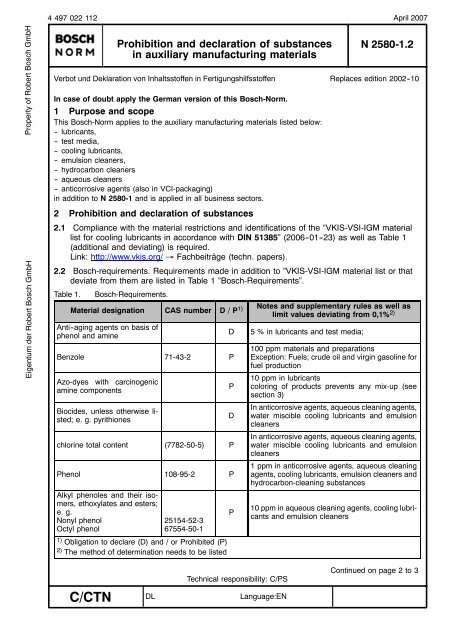 N 2580-1.2 Prohibition and declaration of substances in ... - Bosch
