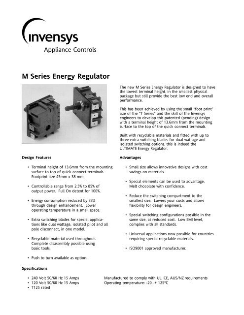 M Series Energy Regulator - Invensys Controls