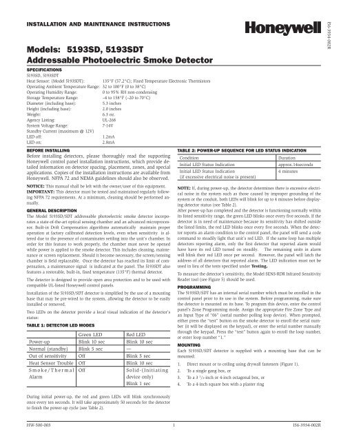 5193SD, 5193SDT Addressable Photoelectric Smoke ... - Syscom
