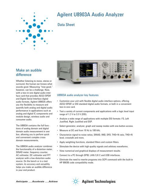 Agilent U8903A Audio Analyzer - Data Sheet - Tevet LLC