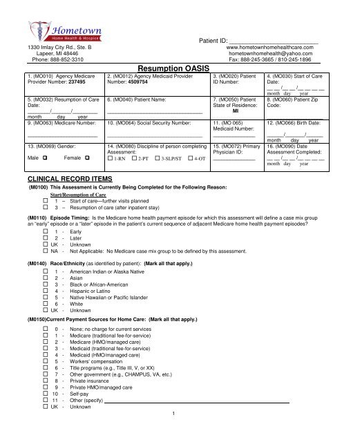 Resumption OASIS - Hometown Home Health & Hospice