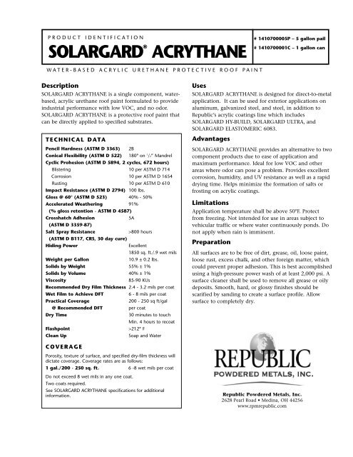 Solargard Acrythane PDS - Republic Powdered Metals