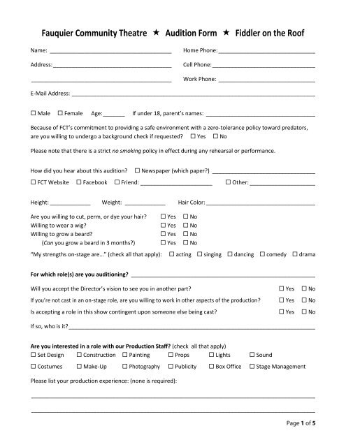 Fauquier Community Theatre Audition Form Fiddler on the Roof