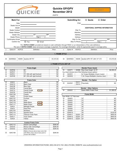GP/GPV Order Form - Quickie-Wheelchairs.com