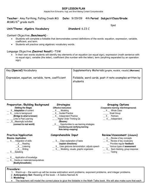 SIOP LESSON PLAN - ACT-ESL
