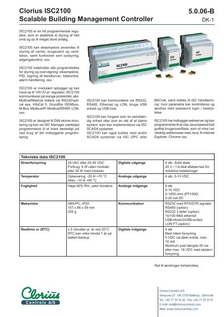 Clorius ISC2100 Scalable Building Management ... - Clorius Controls