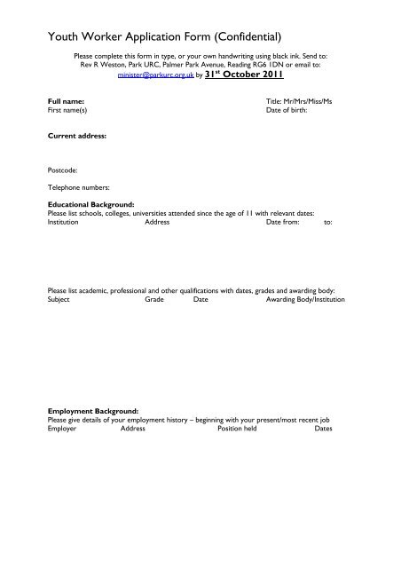 Youth Worker Application Form (Confidential) - Park URC