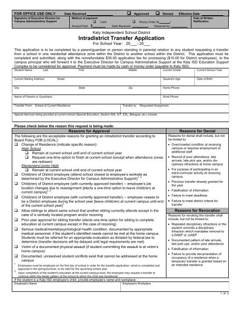 Intradistrict Transfer Application - Katy ISD