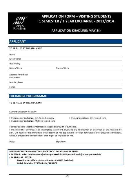 APPLICATION FORM - Mines ParisTech