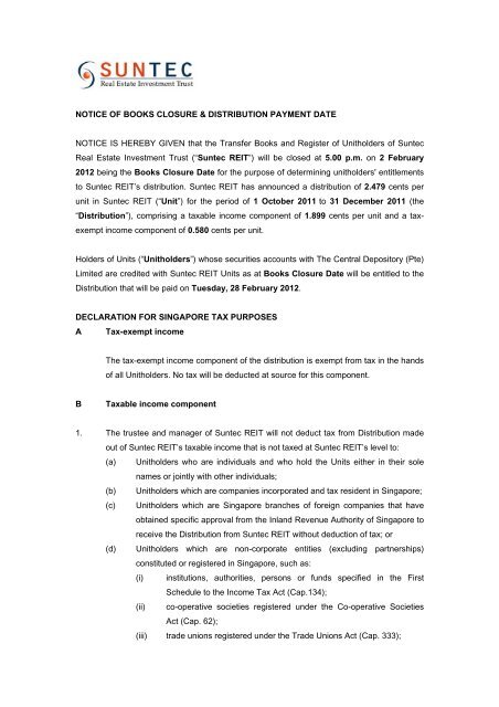 Notice of Books Closure and Distribution Payment Date - Suntec REIT