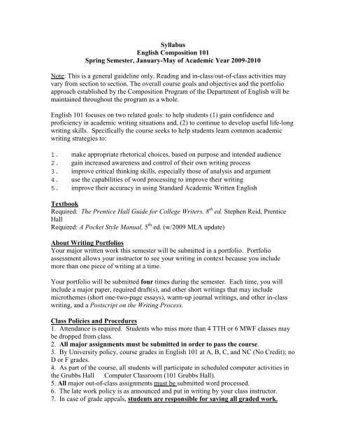 Syllabus English Composition 101 Spring Semester, January-May of ... Syllabus English Composition 101 Spring Semester, January-May of ...