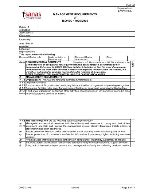 MANAGEMENT REQUIREMENTS of ISO/IEC 17025:2005 - Sanas