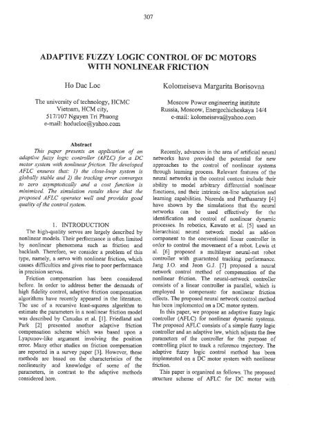 adaptive fuzzy logic control of dc motors with nonlinear friction