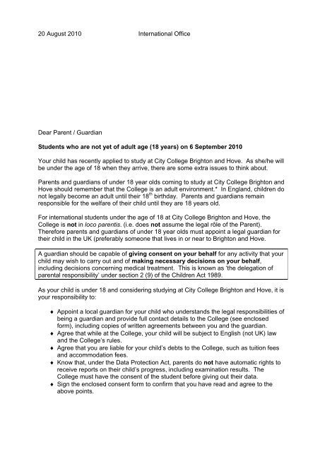 Under 18's International Student Information Letter - City College