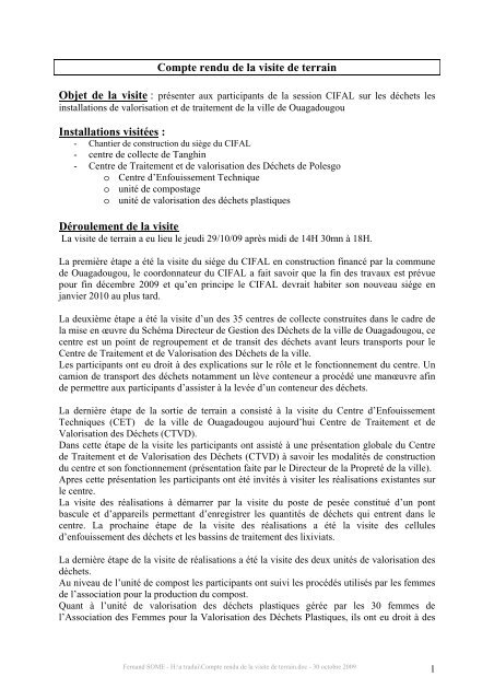 Compte rendu de la visite de terrain - CIFAL Ouagadougou