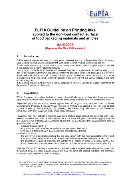 EuPIA Guideline on Printing Inks - Contact alimentaire