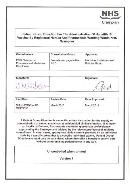 Patient Group Direction for the administration of ... - NHS Grampian