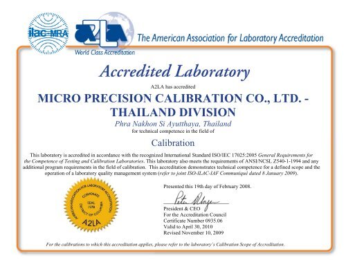 MICRO PRECISION CALIBRATION CO., LTD. - THAILAND DIVISION