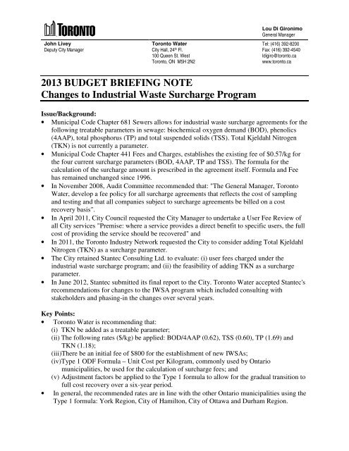 2013 BUDGET BRIEFING NOTE Changes to ... - City of Toronto