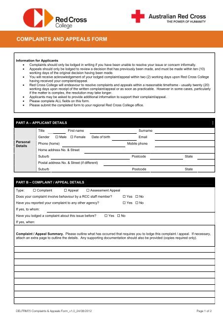 COMPLAINTS AND APPEALS FORM - Australian Red Cross