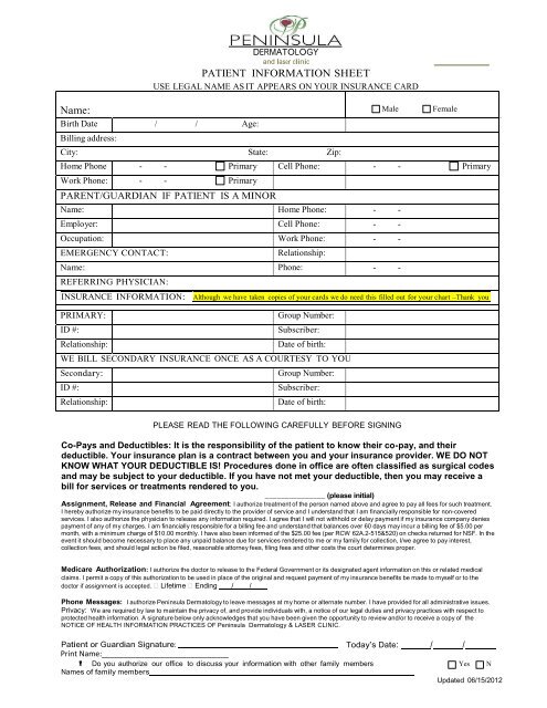 PATIENT INFORMATION SHEET Name: